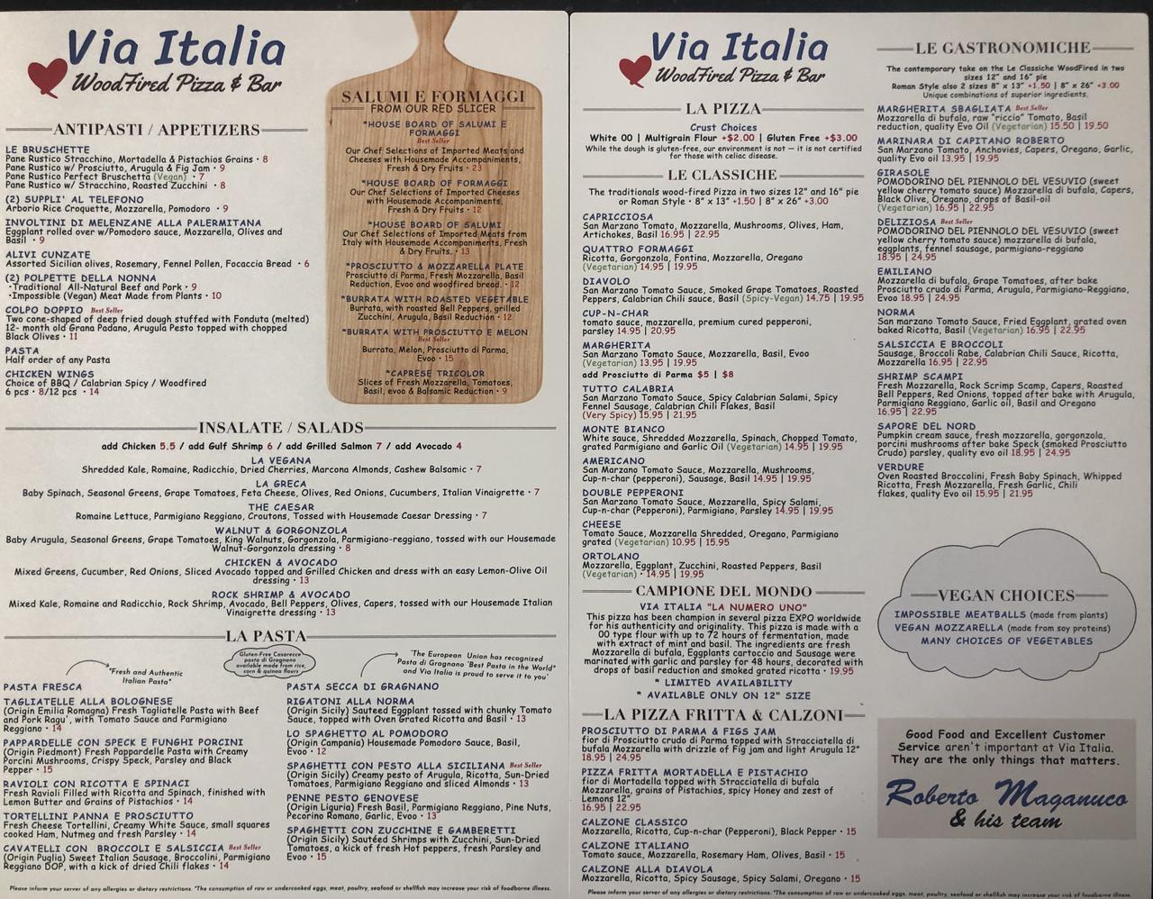 Via Italia Woodfired Pizza & Bar - Menu