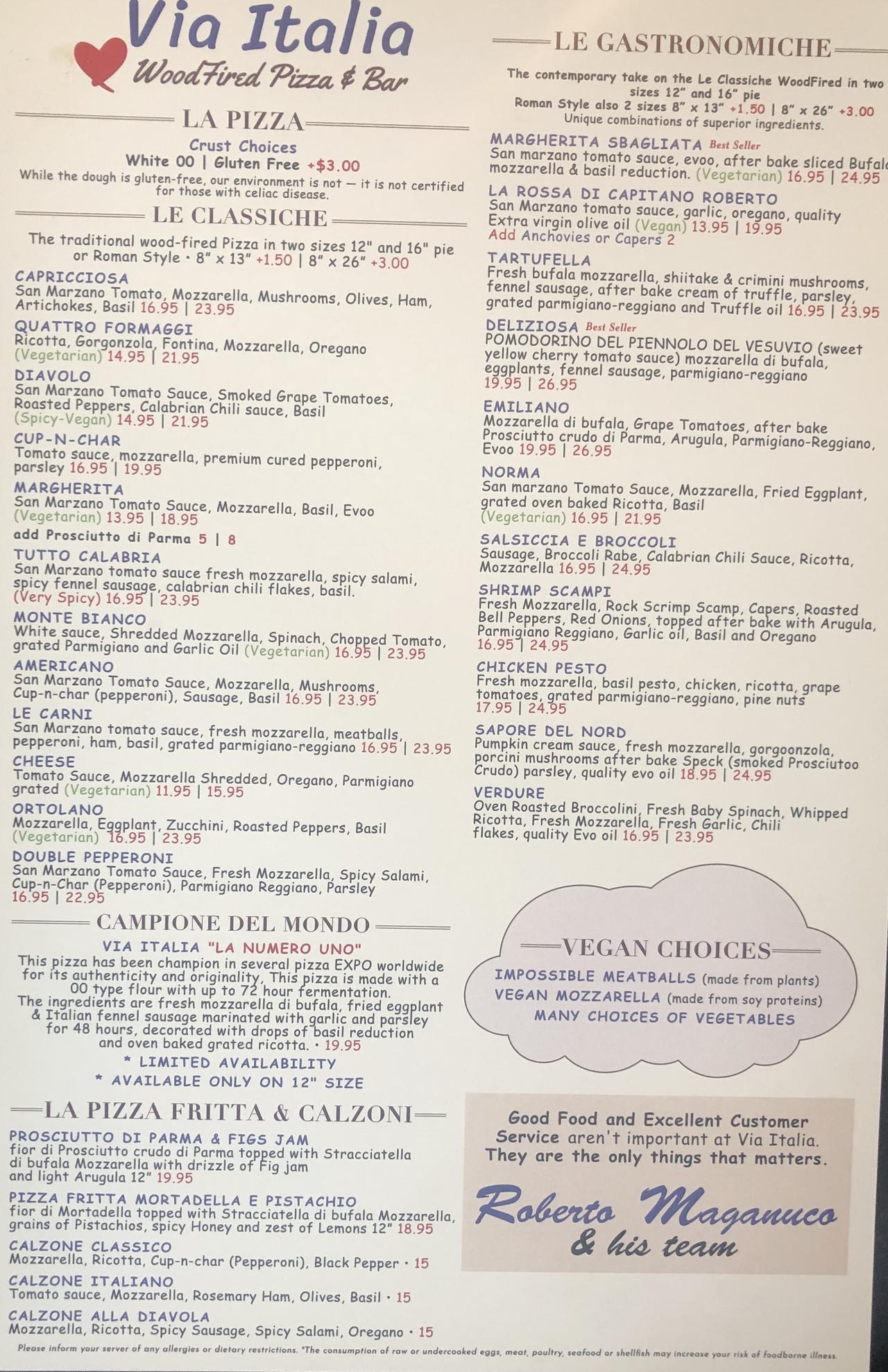 Via Italia Woodfired Pizza & Bar - Menu