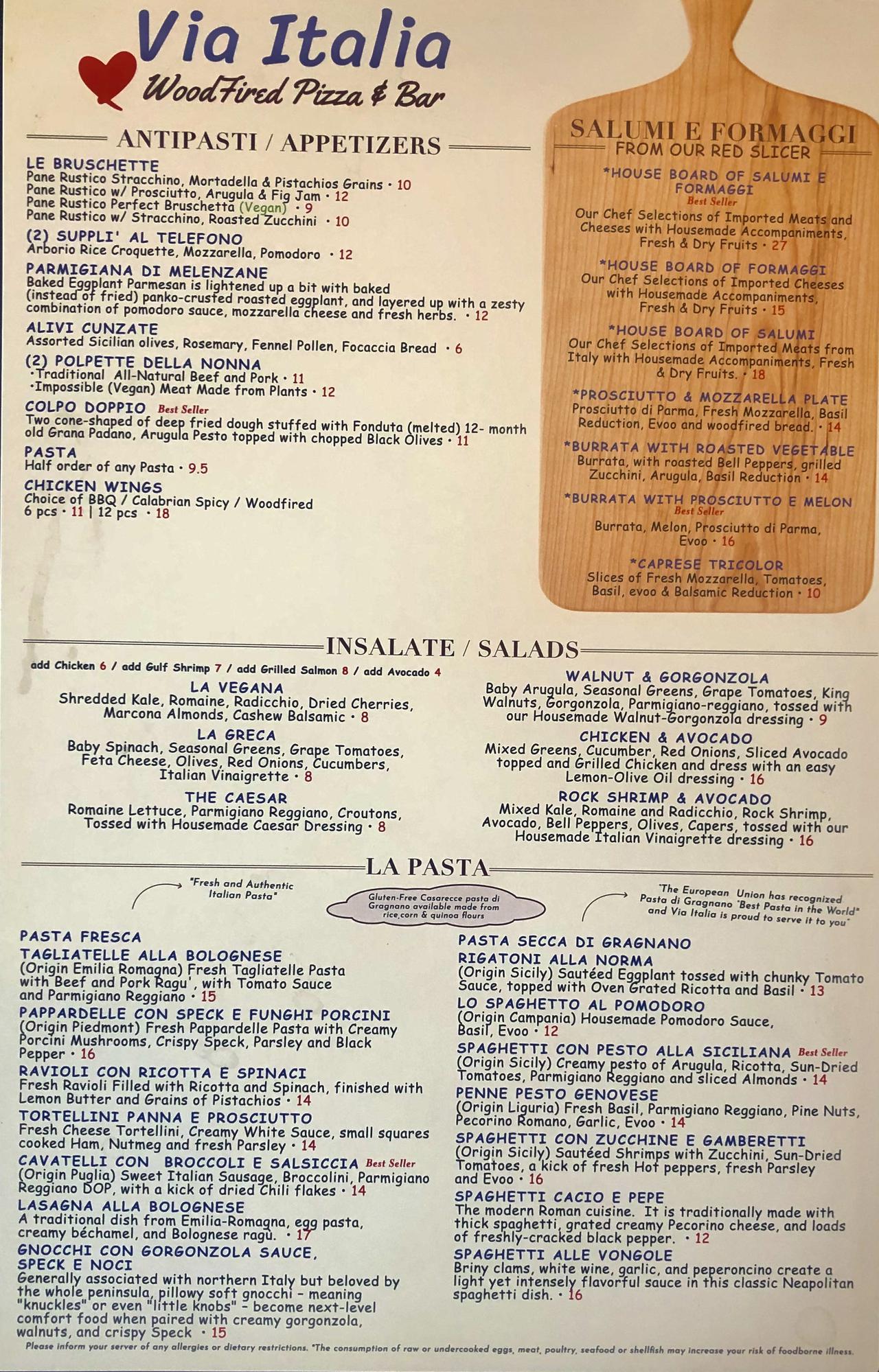 Via Italia Woodfired Pizza & Bar - Menu