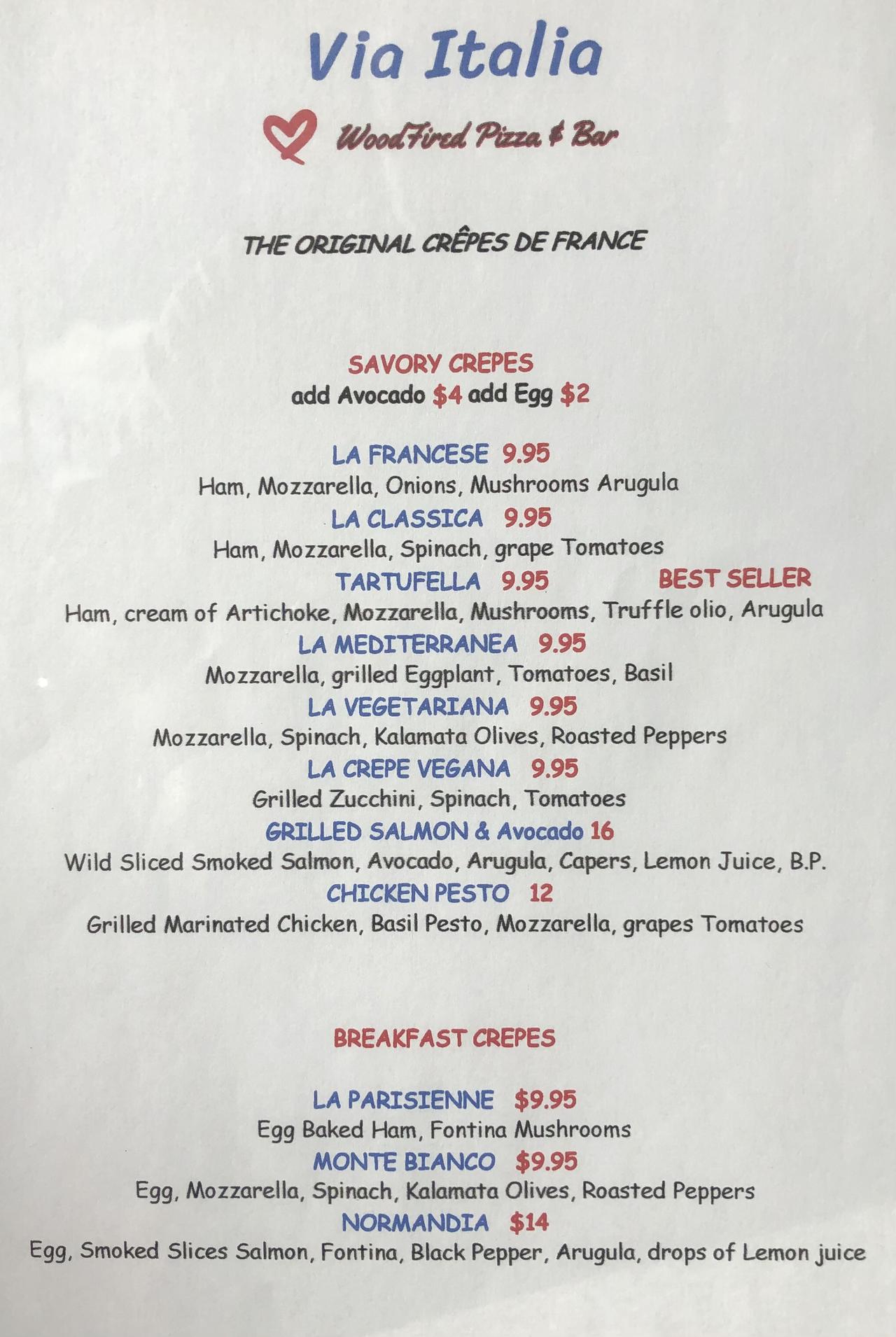 Via Italia Woodfired Pizza & Bar - Menu